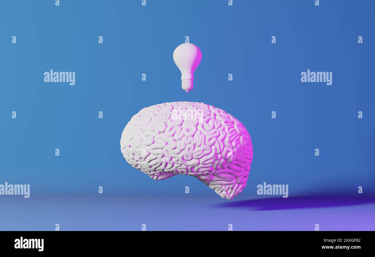 Human brain pastel light bulb neon background 3d rendering. Creative ...