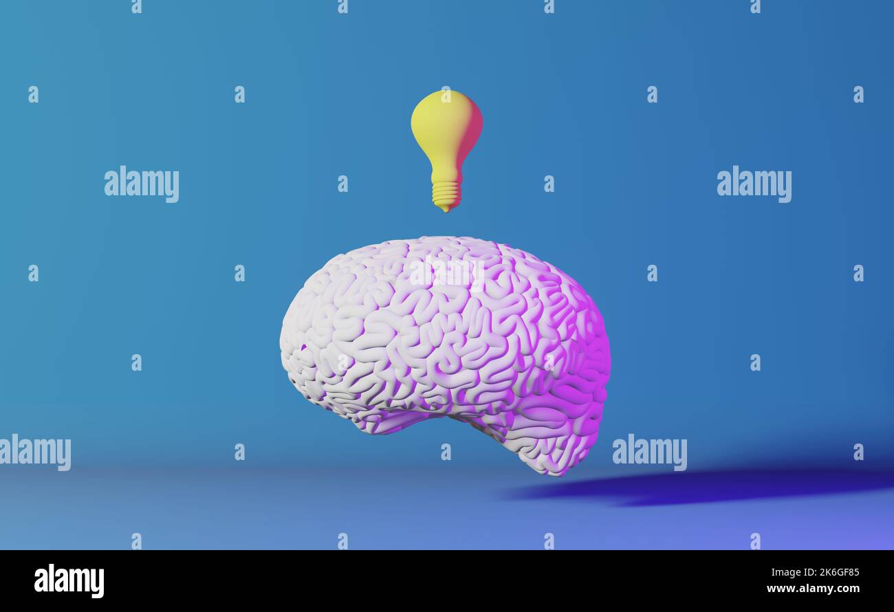 Human brain yellow light bulb neon background 3d rendering. Creative ...