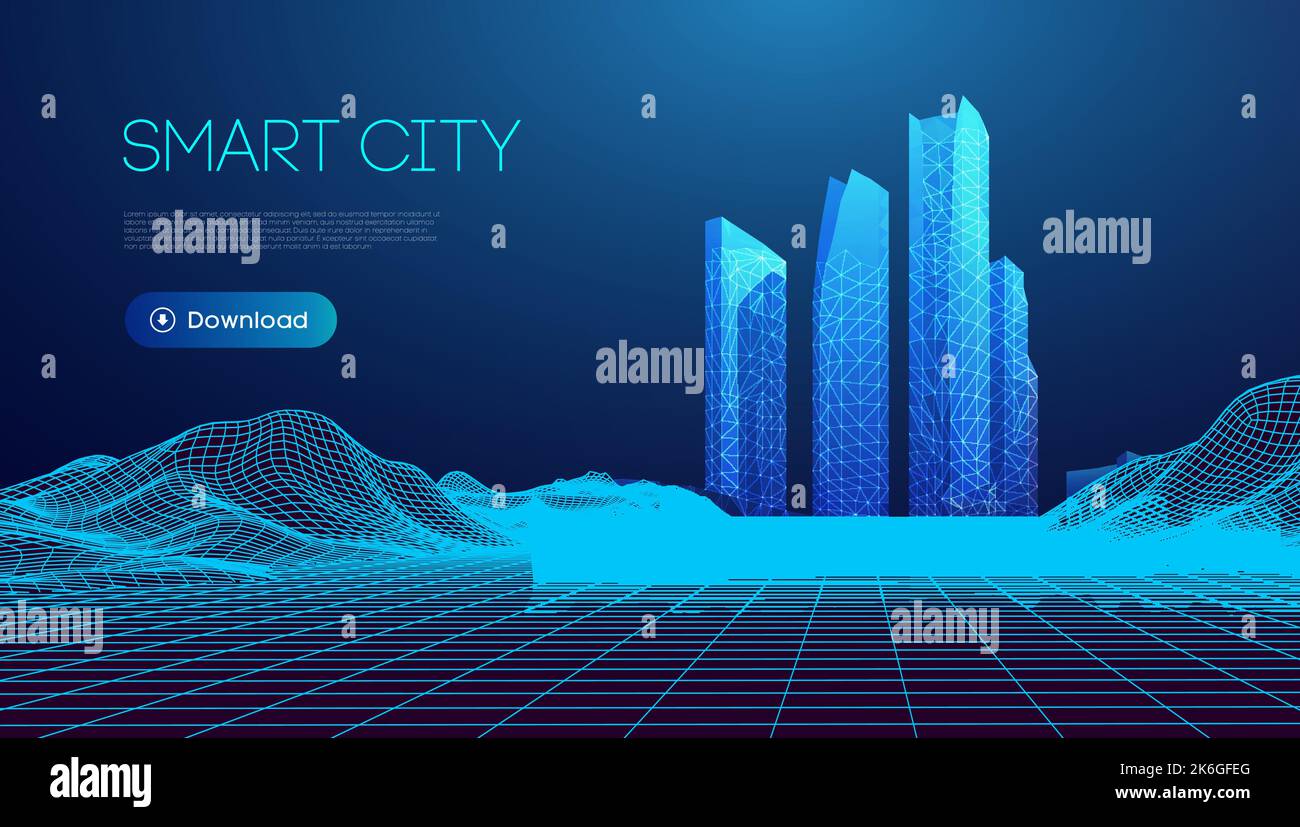 Smart city abstract illustration blue background in low poly style ...