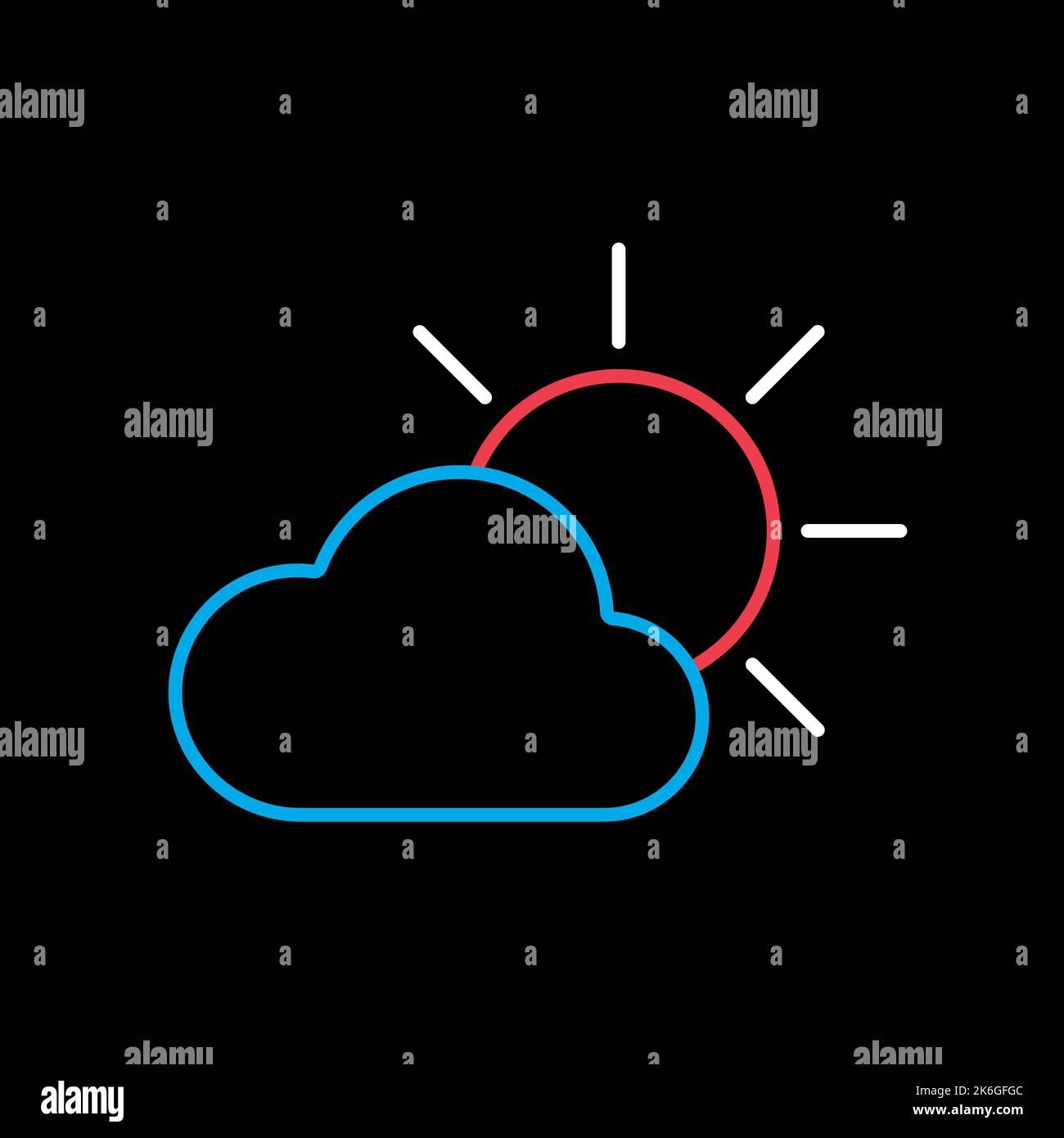 Sun and cloud isolated vector icon on black background. Meteorology ...
