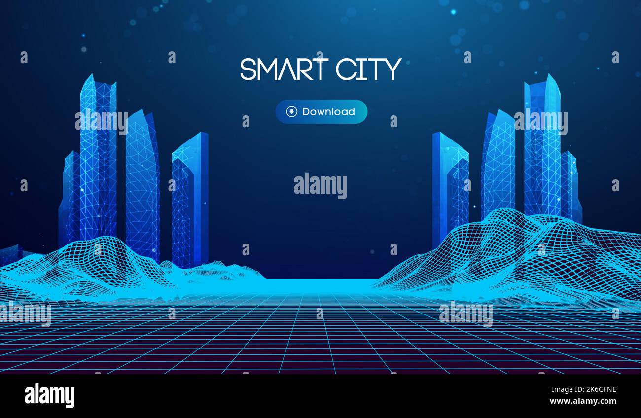 Wireframe landscape with Smart city. Technology background blue in low ...