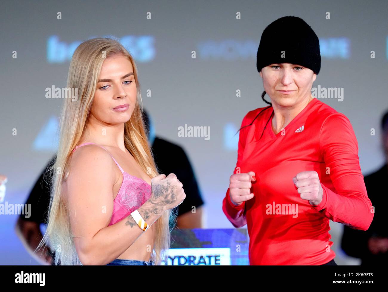 Ebonie Jones (left) and Vanesa Caballero during the weigh-in at the Genesis Cinema, London ...