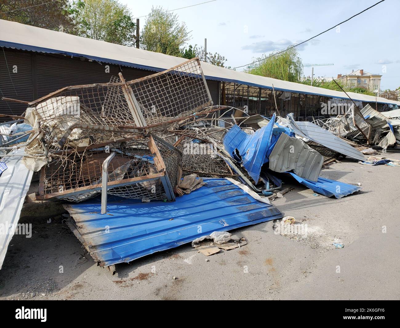 broken construction parts of street market. Street reconstruction ...