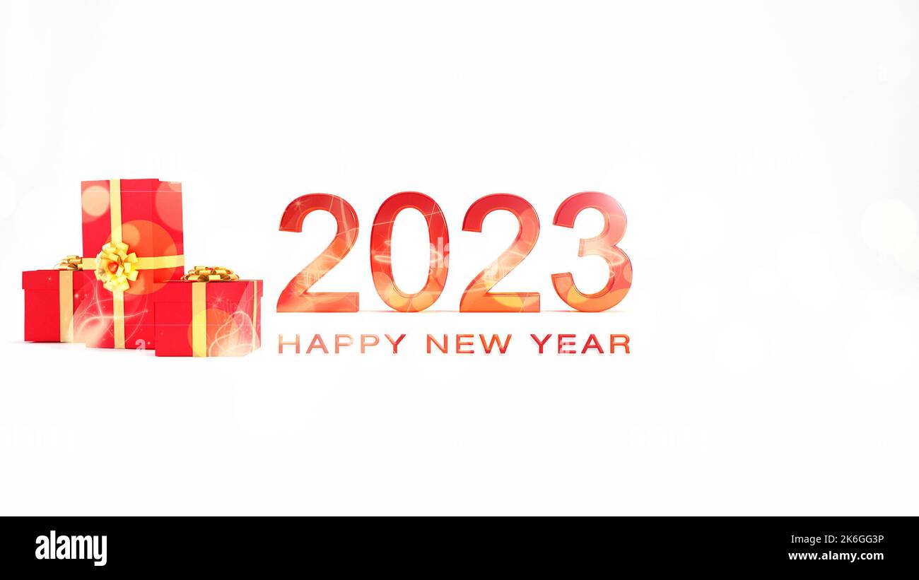 2023 Happy New Year Abstract shiny color gold bokeh effect background design for header or ...