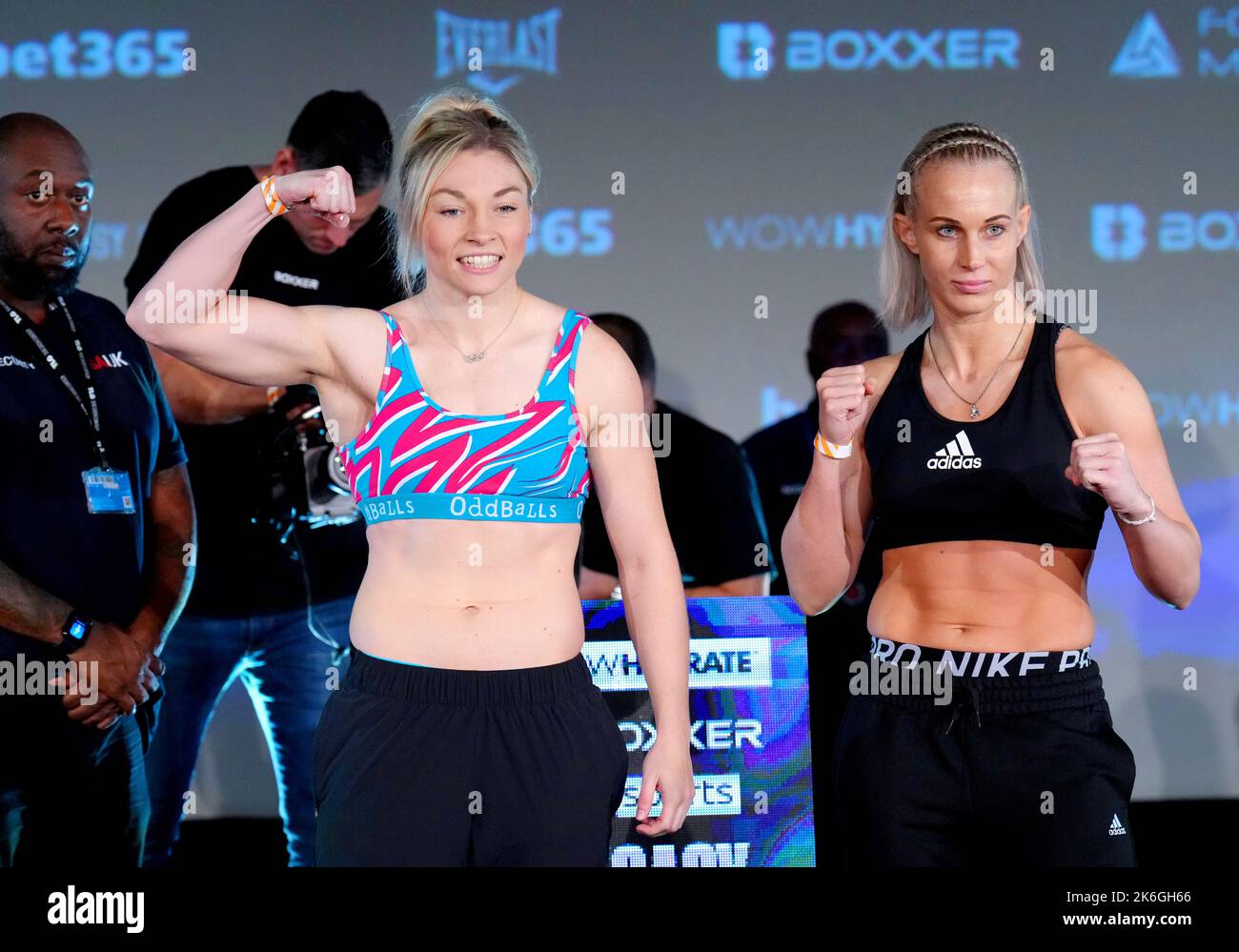 Lauren Price (left) and Timea Belik during the weigh-in at the Genesis ...
