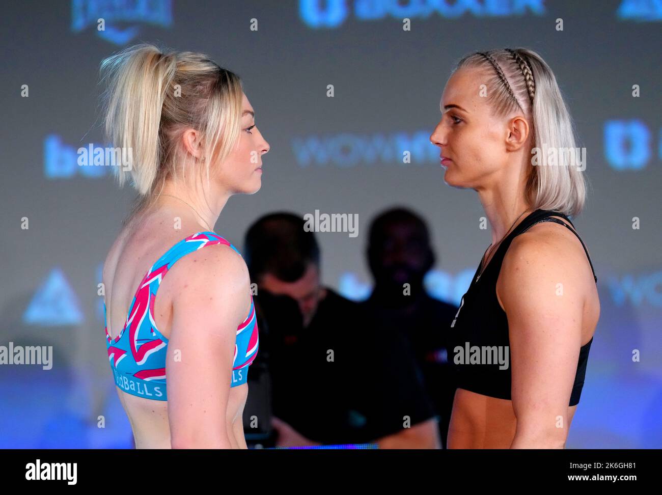 Lauren Price (left) and Timea Belik during the weigh-in at the Genesis Cinema, London. Picture ...