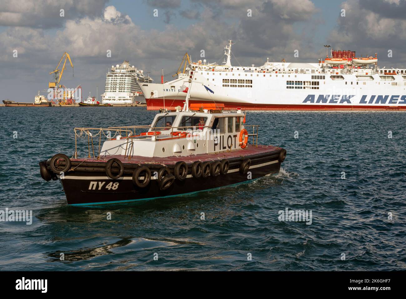 Heraklion Port, Crete, Greece, 2022. Pilot boat making ready to ...