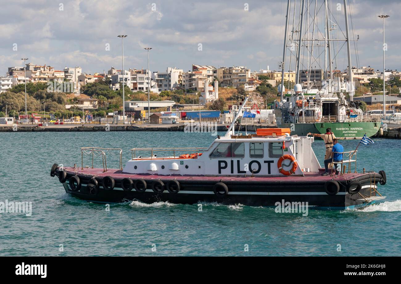 Heraklion Harbour, Crete, Greece. 2022, Pilot boat with pilot on deck ...