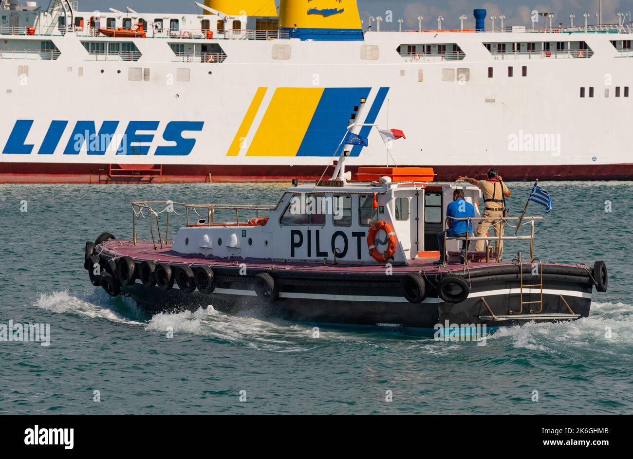 Heraklion Harbour, Crete, Greece. 2022, Pilot boat with pilot on deck ...