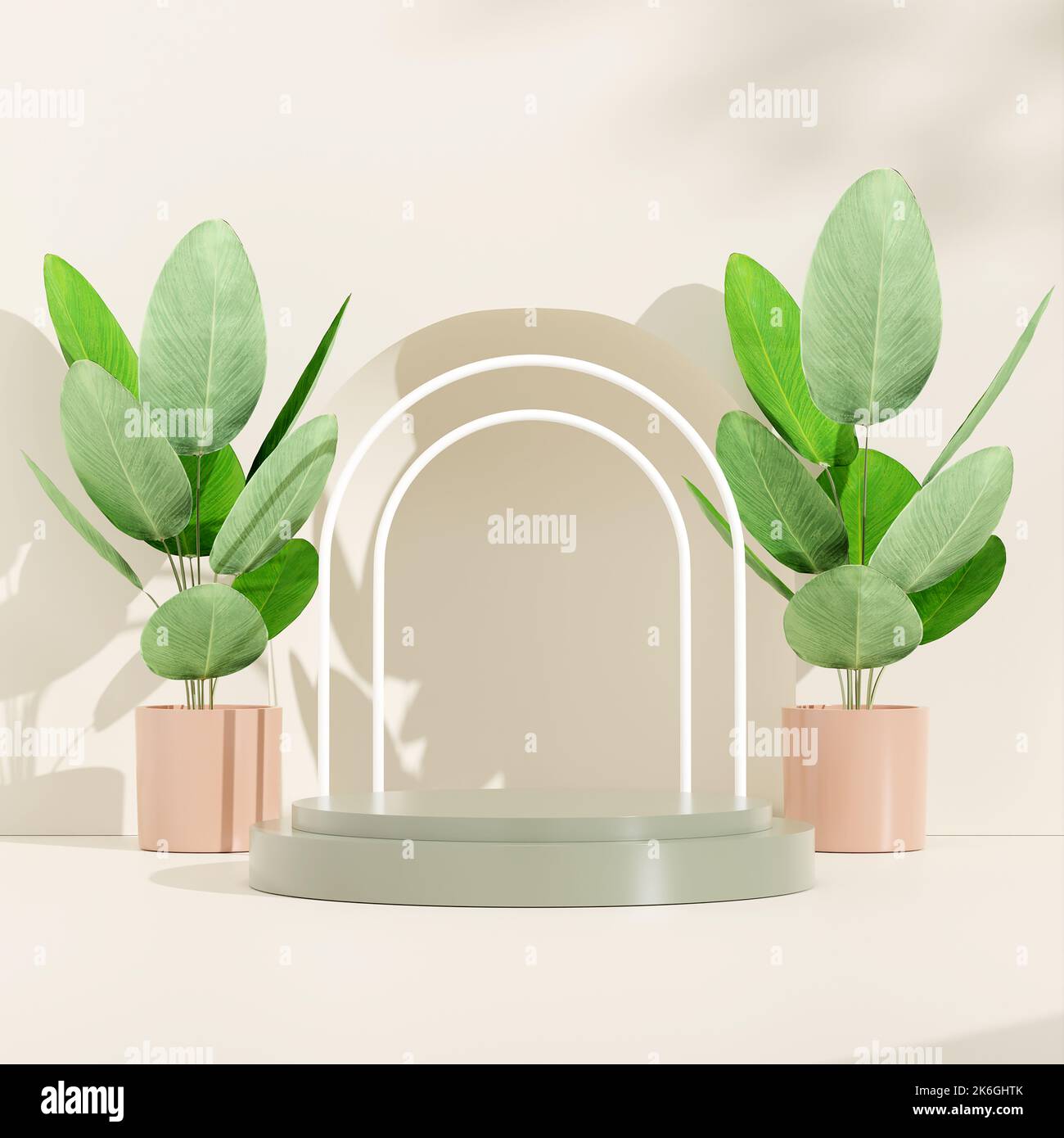 A 3D rendering arched product display podium decorated with green ...
