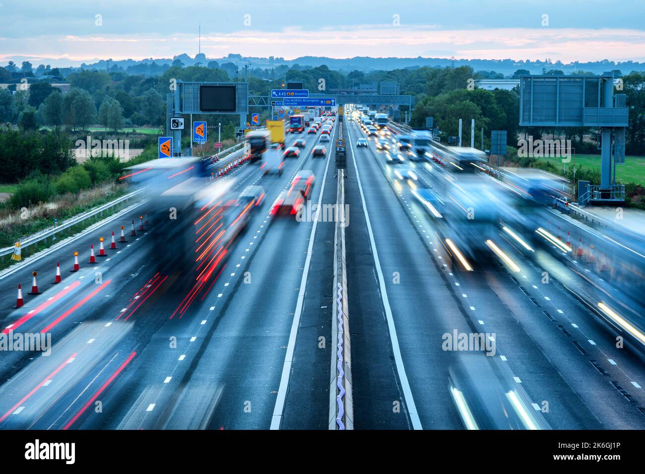 heavy traffic in blurry motion on UK motorway in England Stock Photo ...
