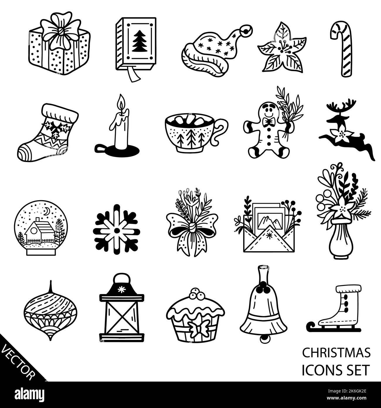 Set of black and white christmas line art doodle icons. Isolated vector ...