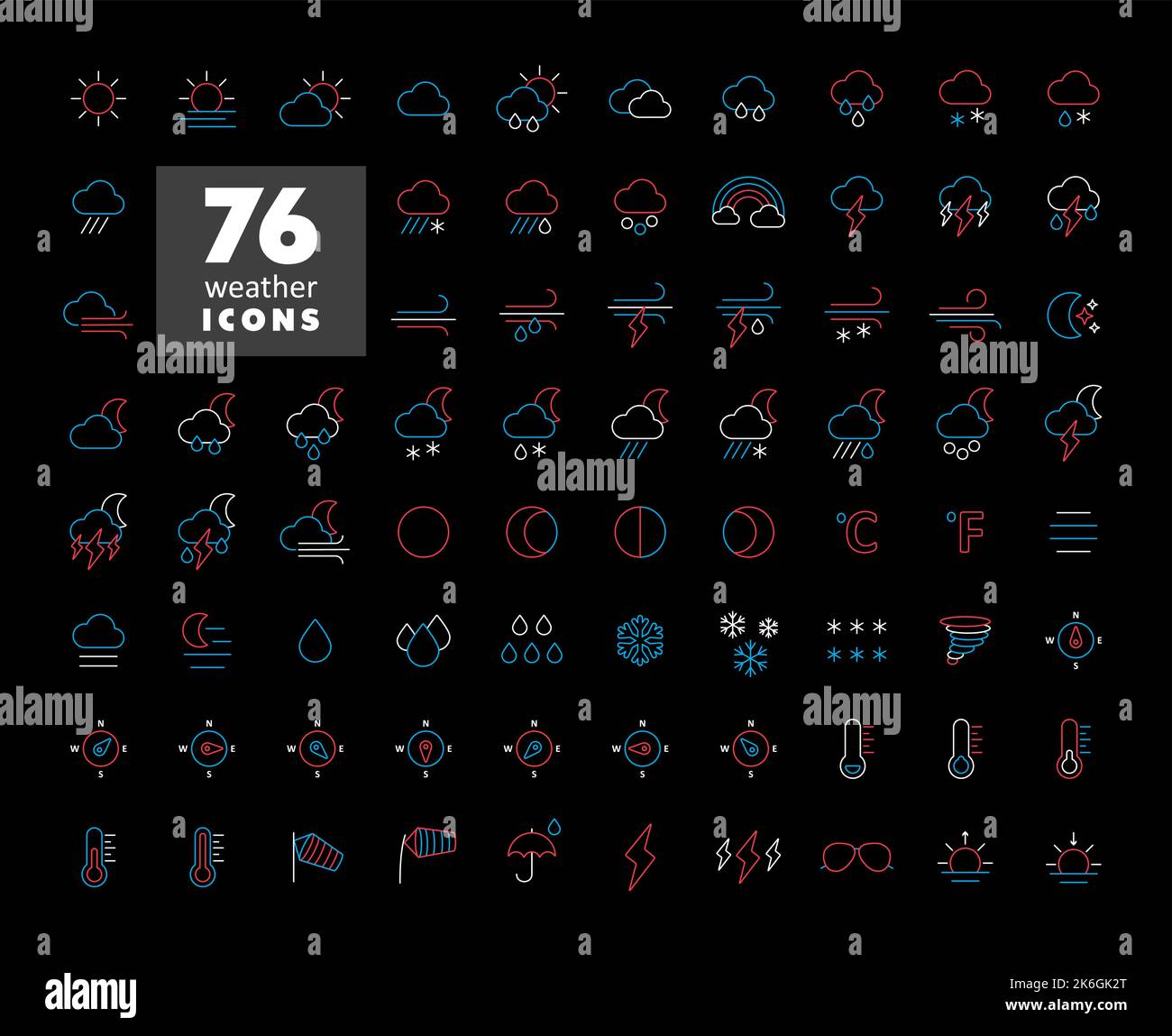 Vector weather forecast isolated icon set on black background ...