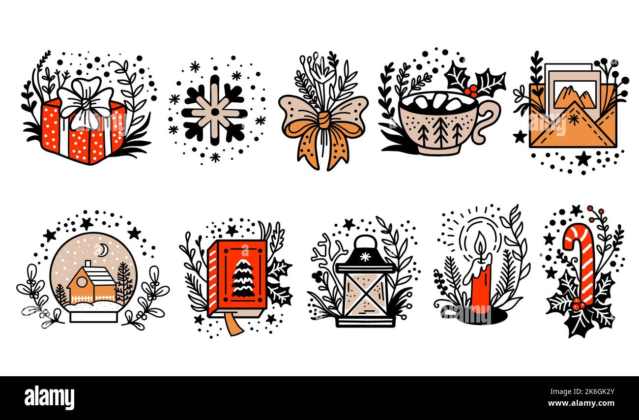 Set of different christmas line art doodle icons. Colorful isolated ...