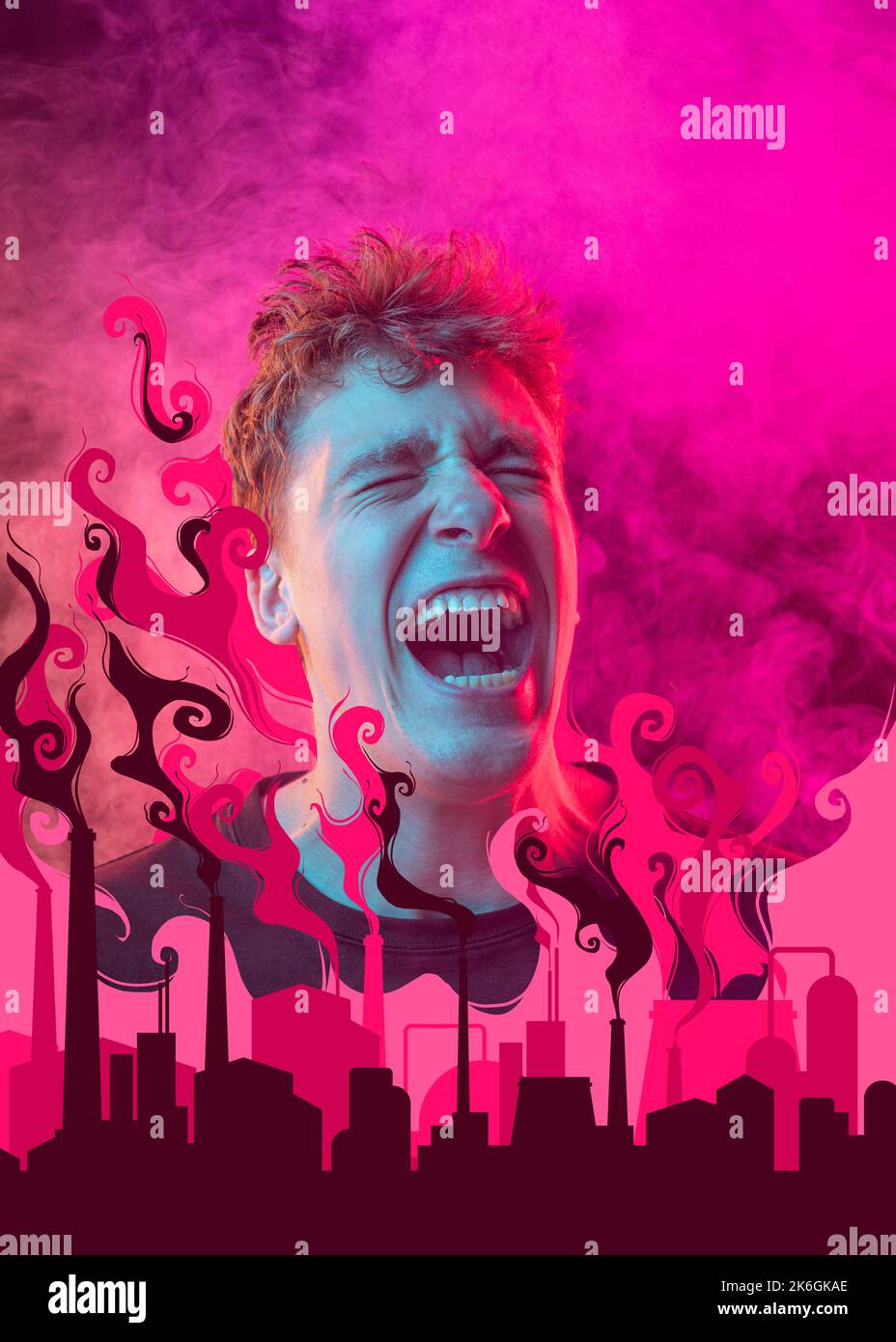 Crying young man with stressed emotions isolated over pink background ...