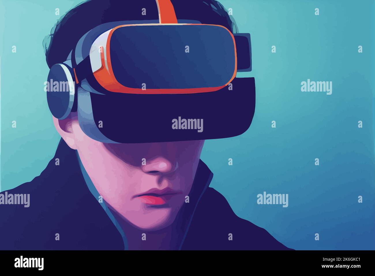 A digital illustration of a human face with a futuristic VR headset ...