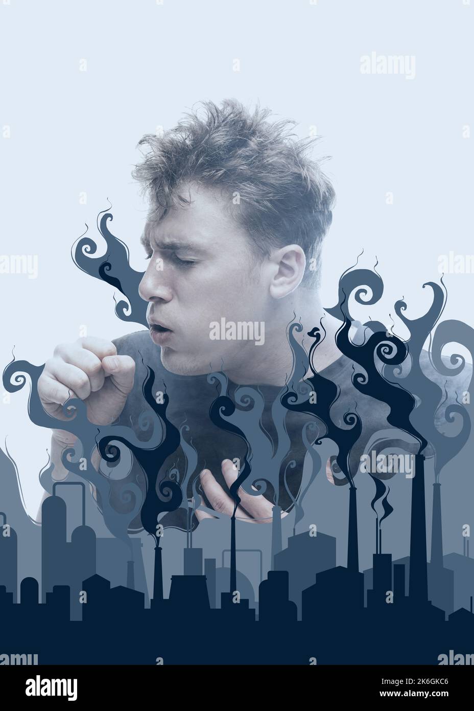 Suffocate in the smoke. Scared young man with stressed emotions ...