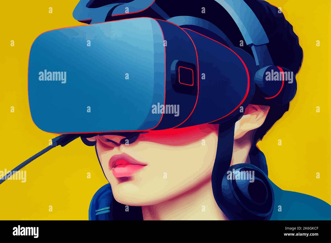 A digital illustration of a human face with a futuristic VR headset ...