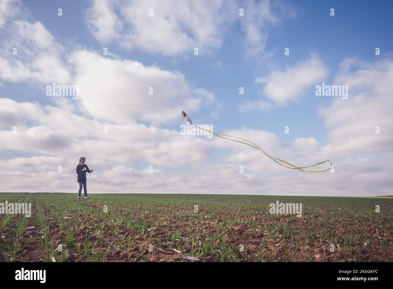 cute girl running with kite in green field in sunny autumnal day Stock ...