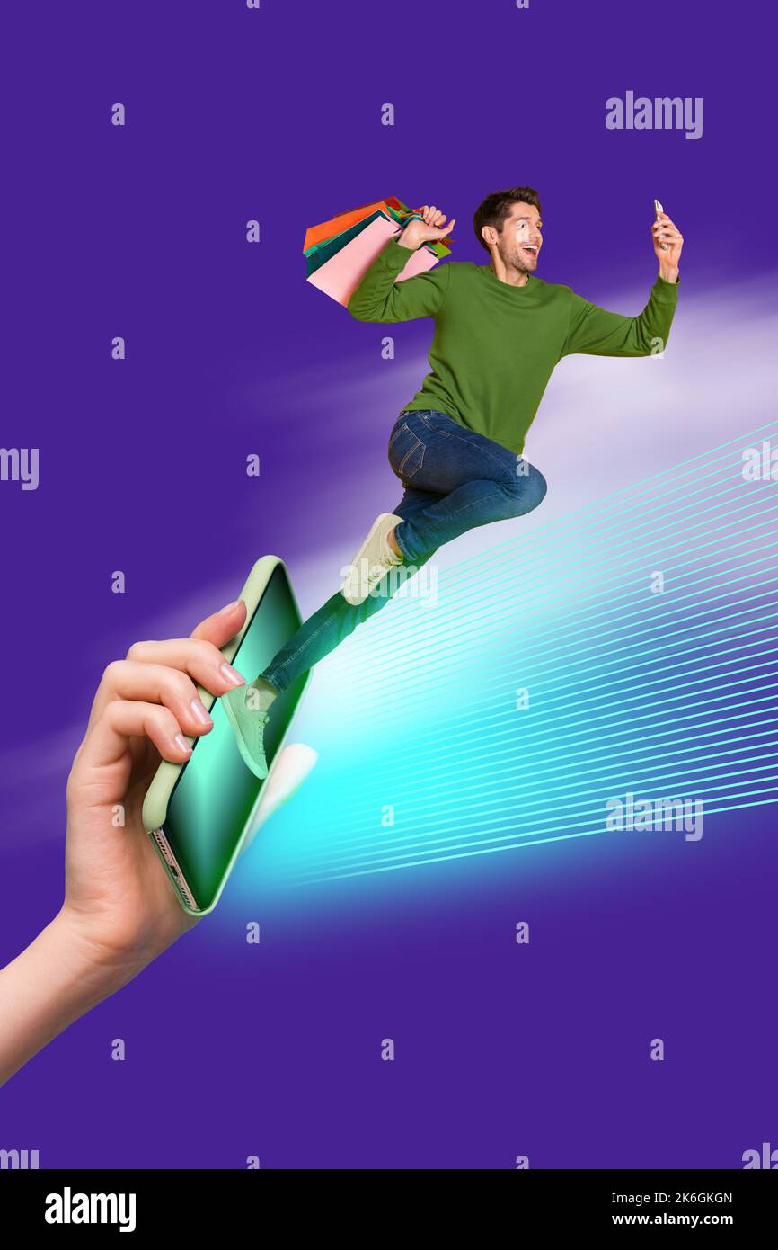 Collage photo of young funky student customer guy jumping smartphone ...