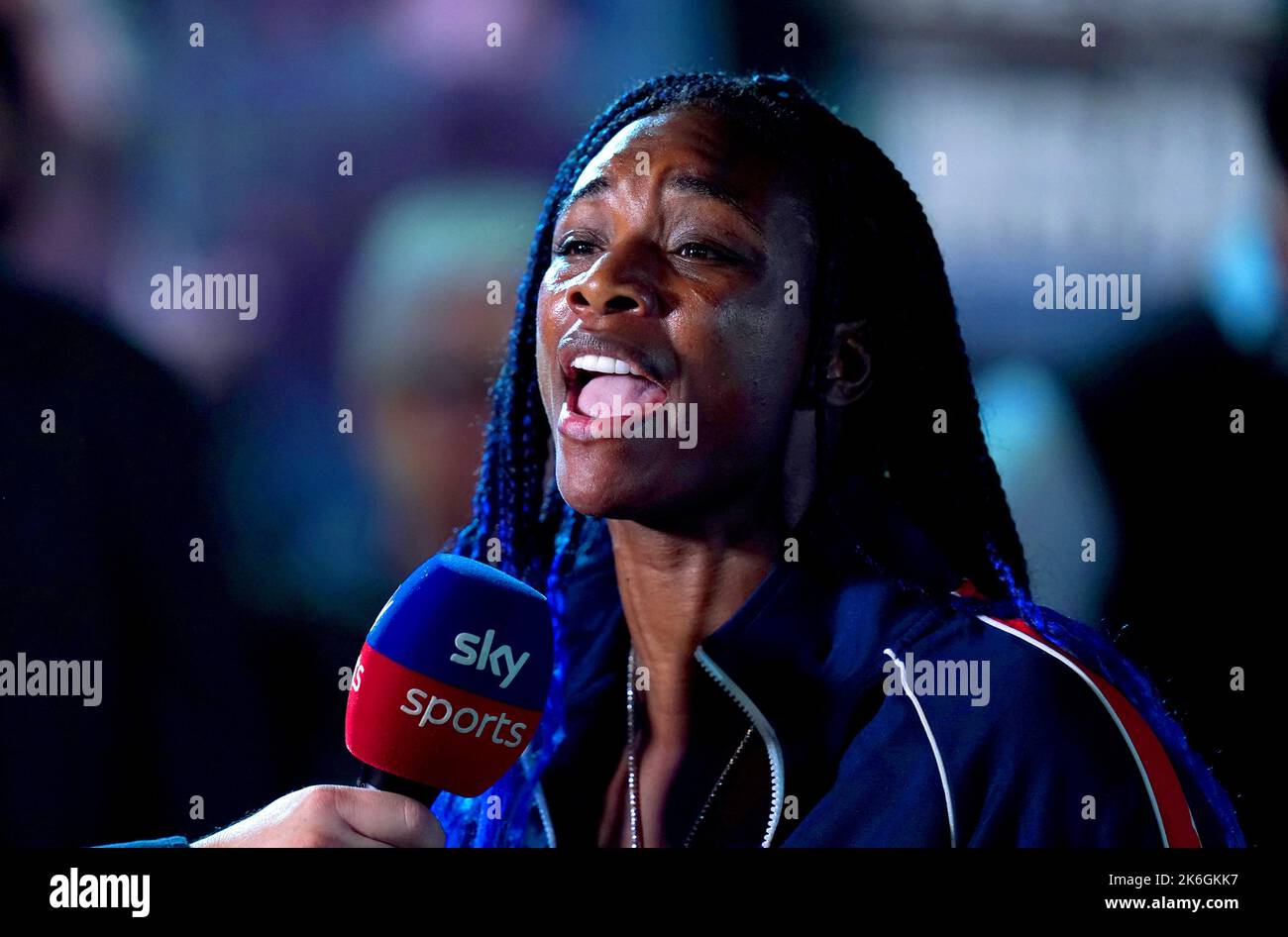 Claressa Shields is interviewed by Sky Sports during the weigh-in at ...