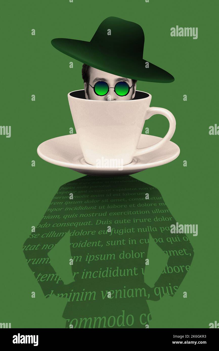 Artwork magazine picture of mystery man hiding inside tea cup looking ...