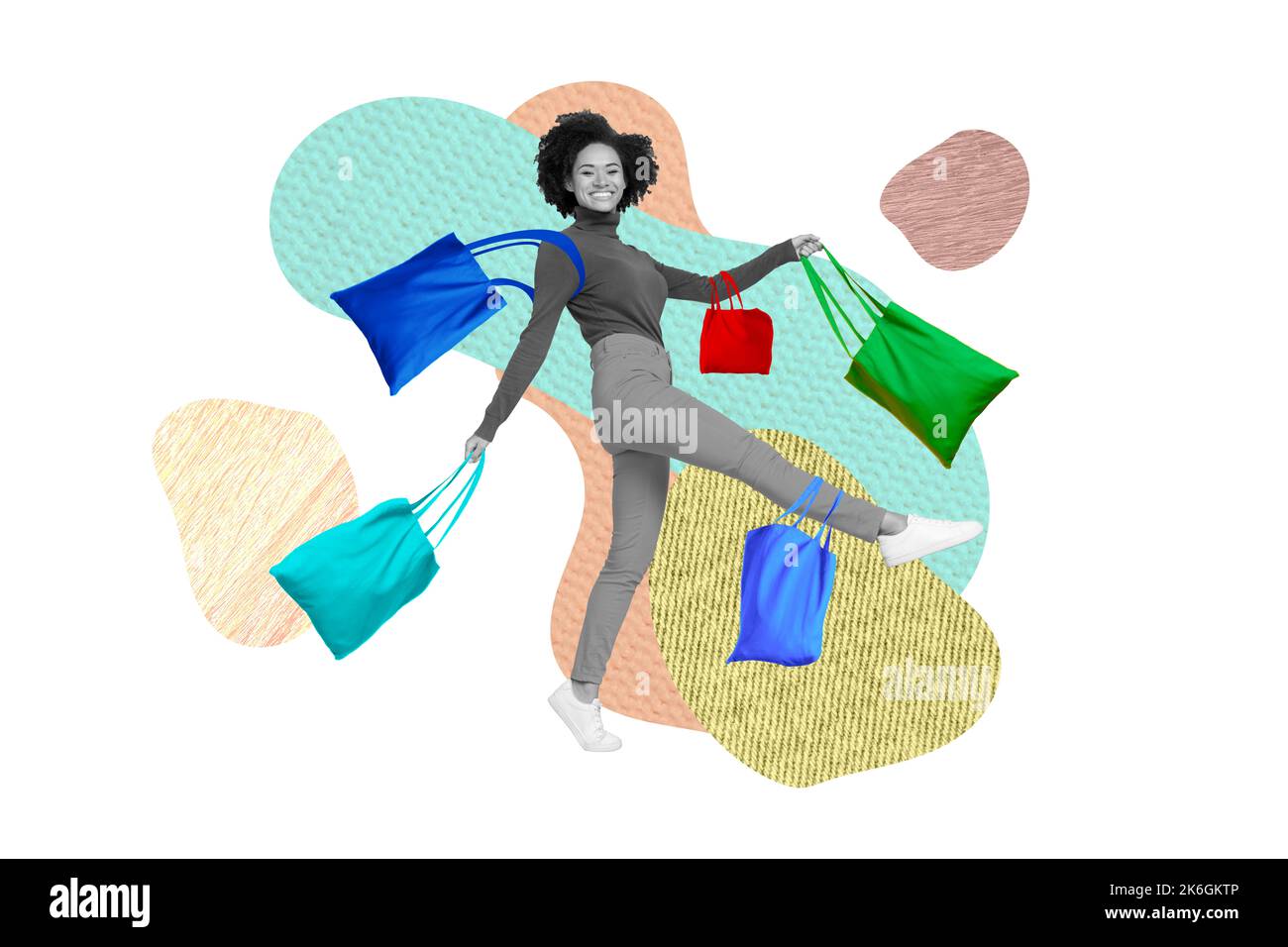 Photo artwork minimal picture of happy smiling lady walking holding ...