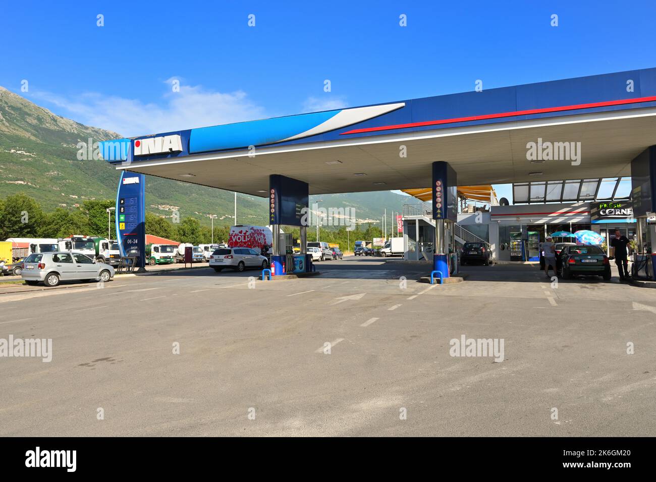 Kotor, Montenegro - June 6, 2022: INA gas station in Montenegro. INA is ...