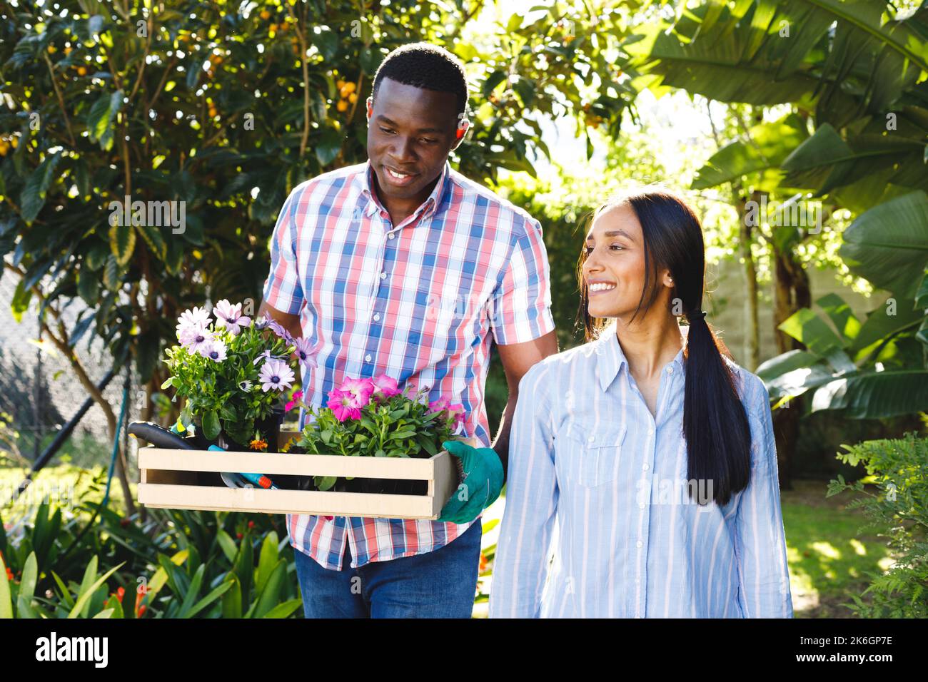 Happy diverse couple carrying flowers for planting walking in garden ...