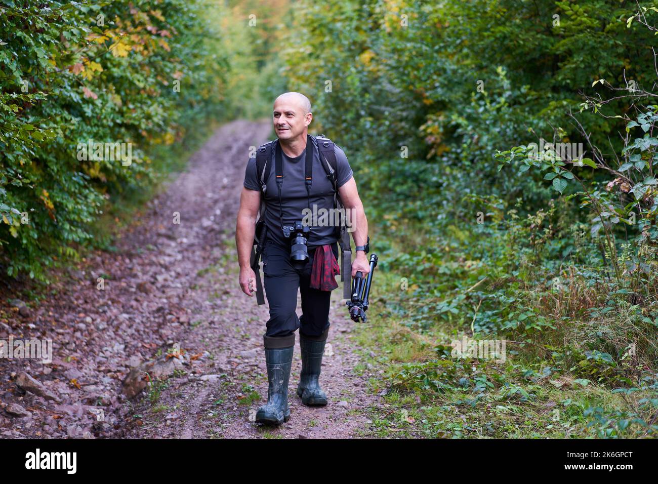 Professional nature photographer hiking in the mountain forests with ...