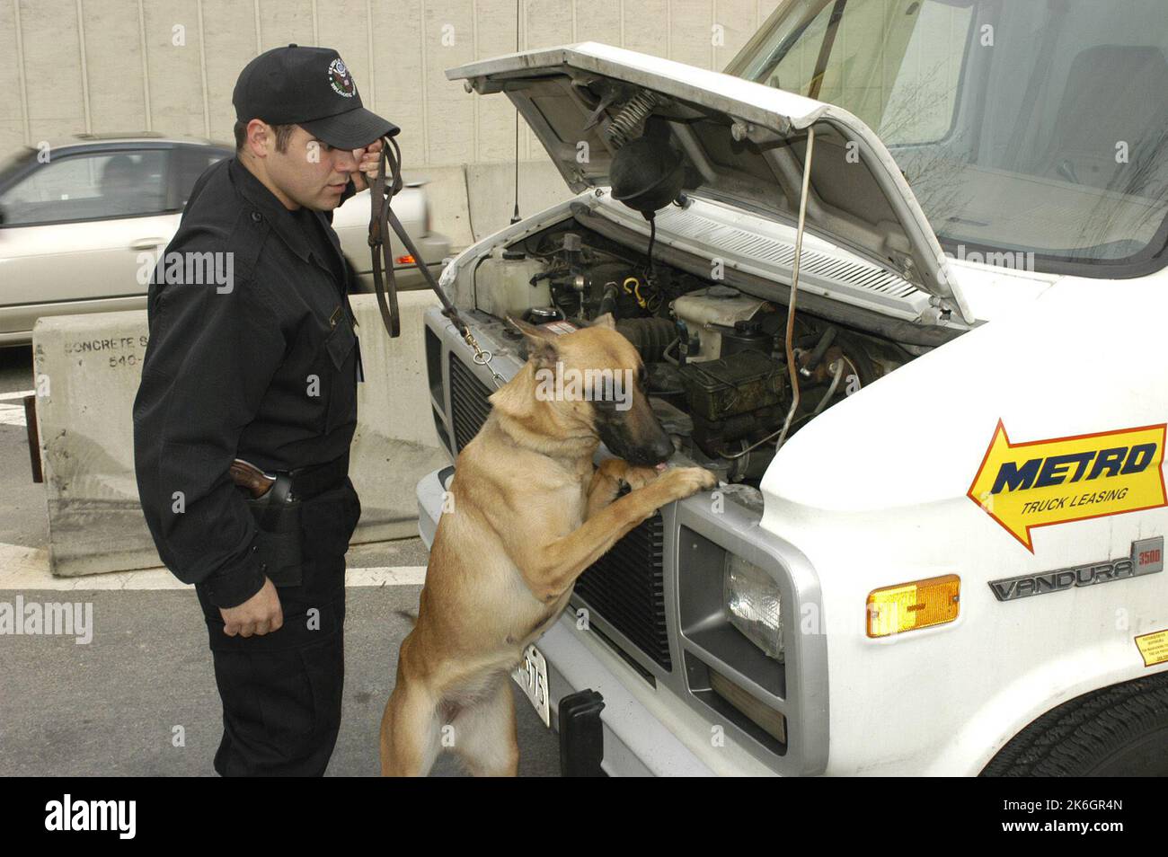 Security personnel with bomb detecting dogs in action around sidewalks ...
