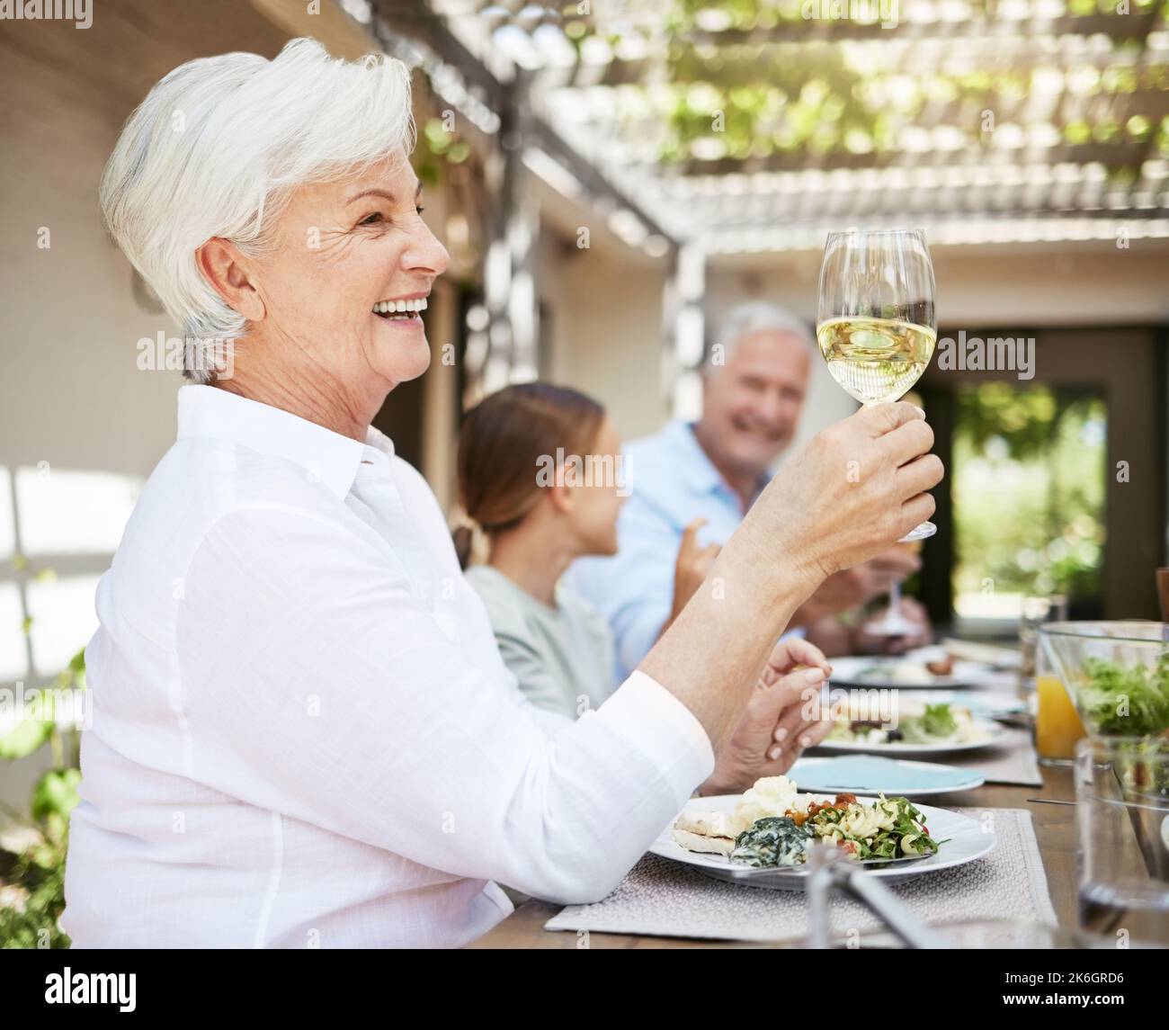 A toast to celebrate family. a family sharing a toast while enjoying a ...
