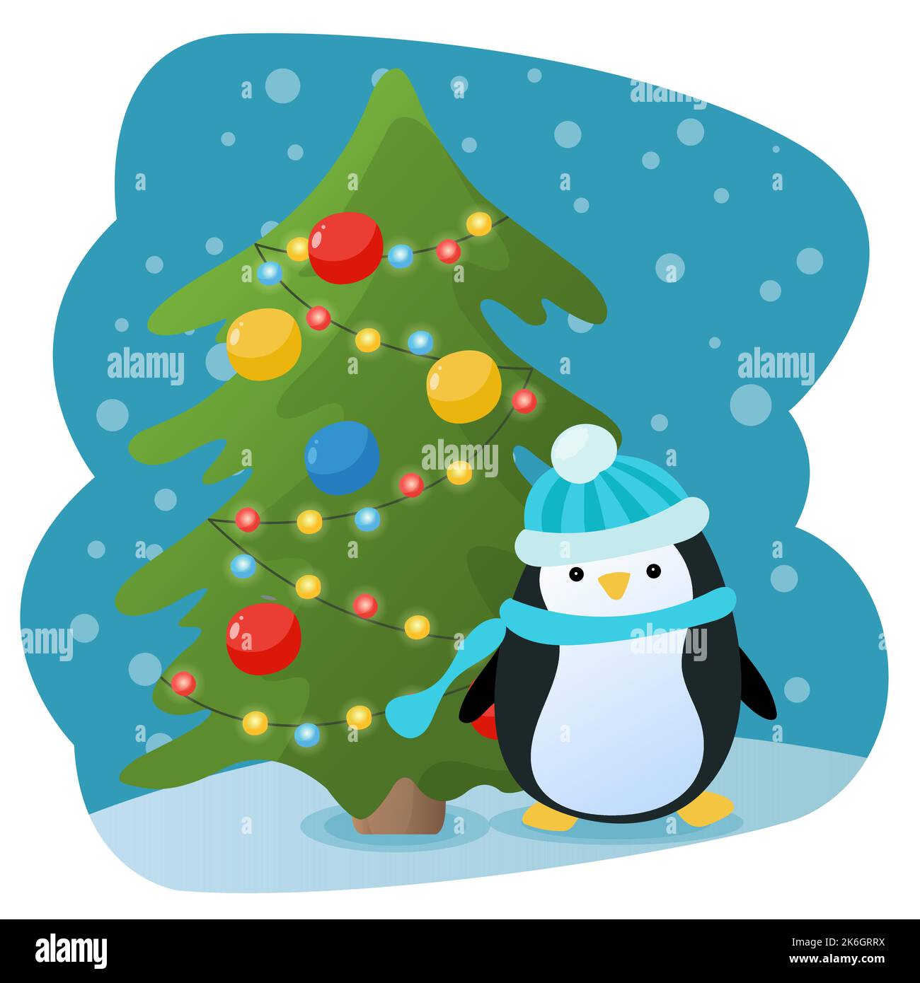 Cartoon penguin standing near Christmas tree. Cute Christmas seasonal ...