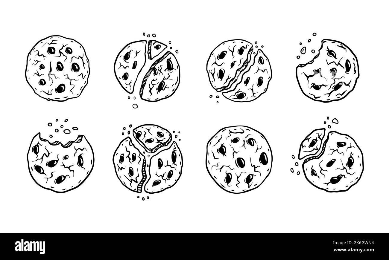 Hand drawn cookies set. Sweet pastry with chocolate chips isolated on ...