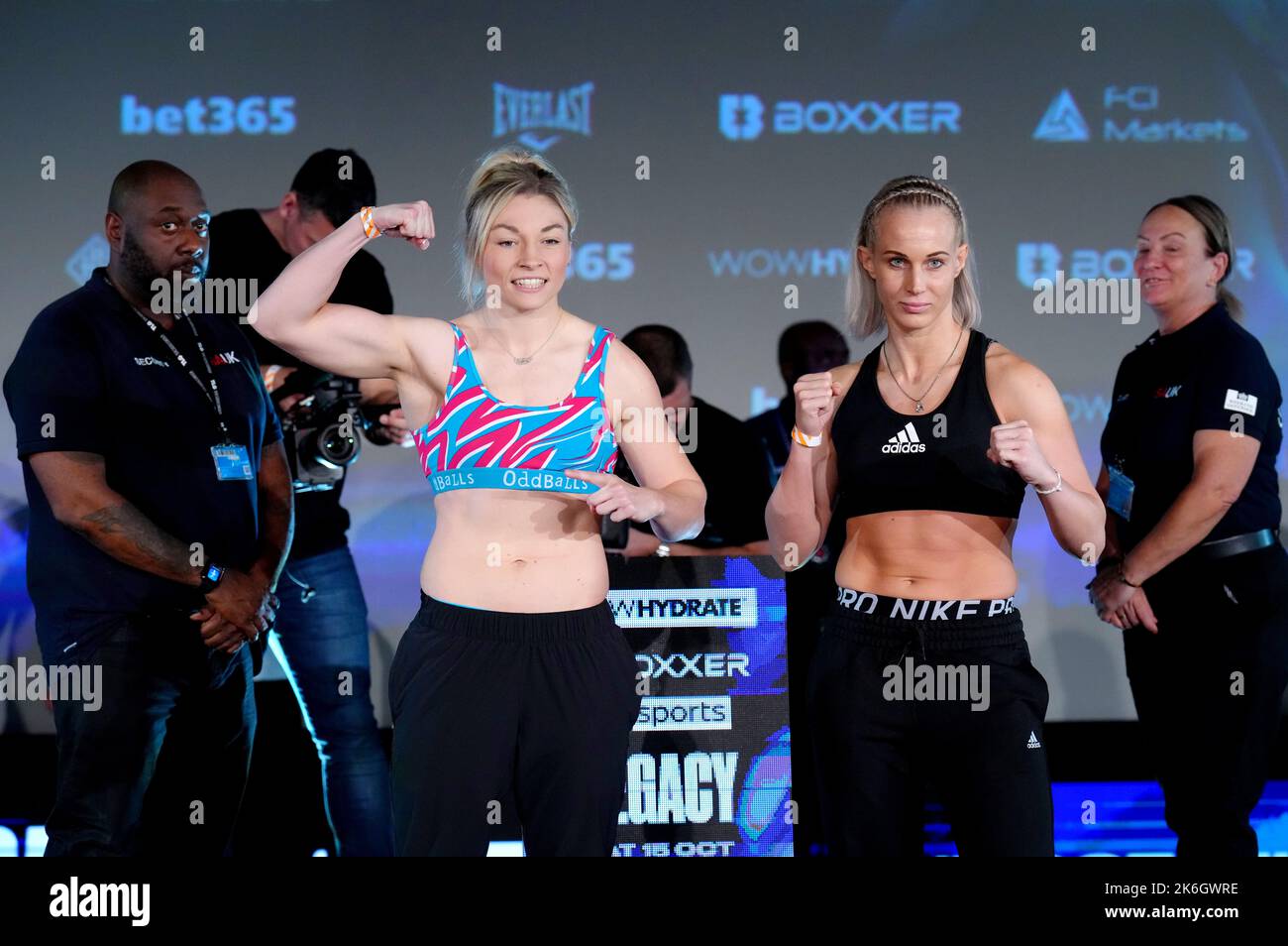 Lauren Price (left) and Timea Belik during the weigh-in at the Genesis ...