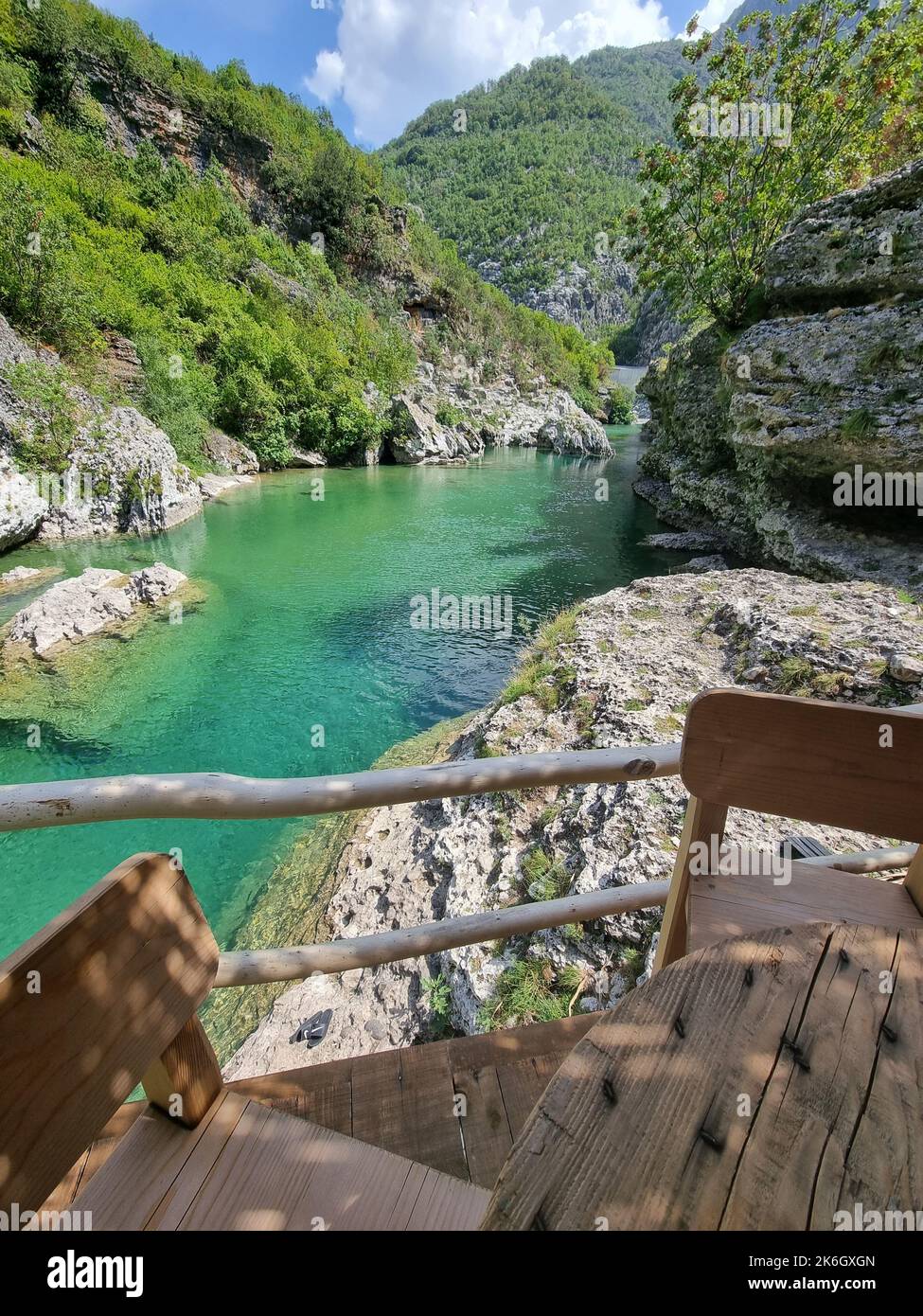 A vertical of the Moraca river in Montenegro from a wooden balcony ...
