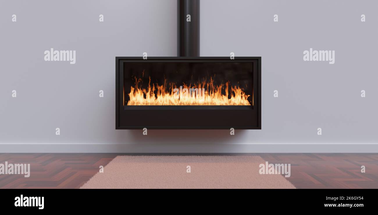 Burning fireplace, cozy home interior. Fire burning, freestanding gas ...