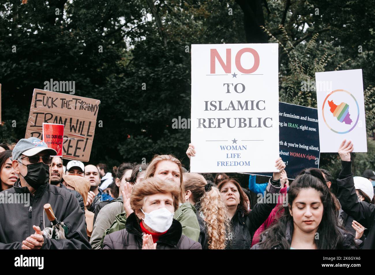 New York, United States. 01st Oct, 2022. Protestors hold up signs ...