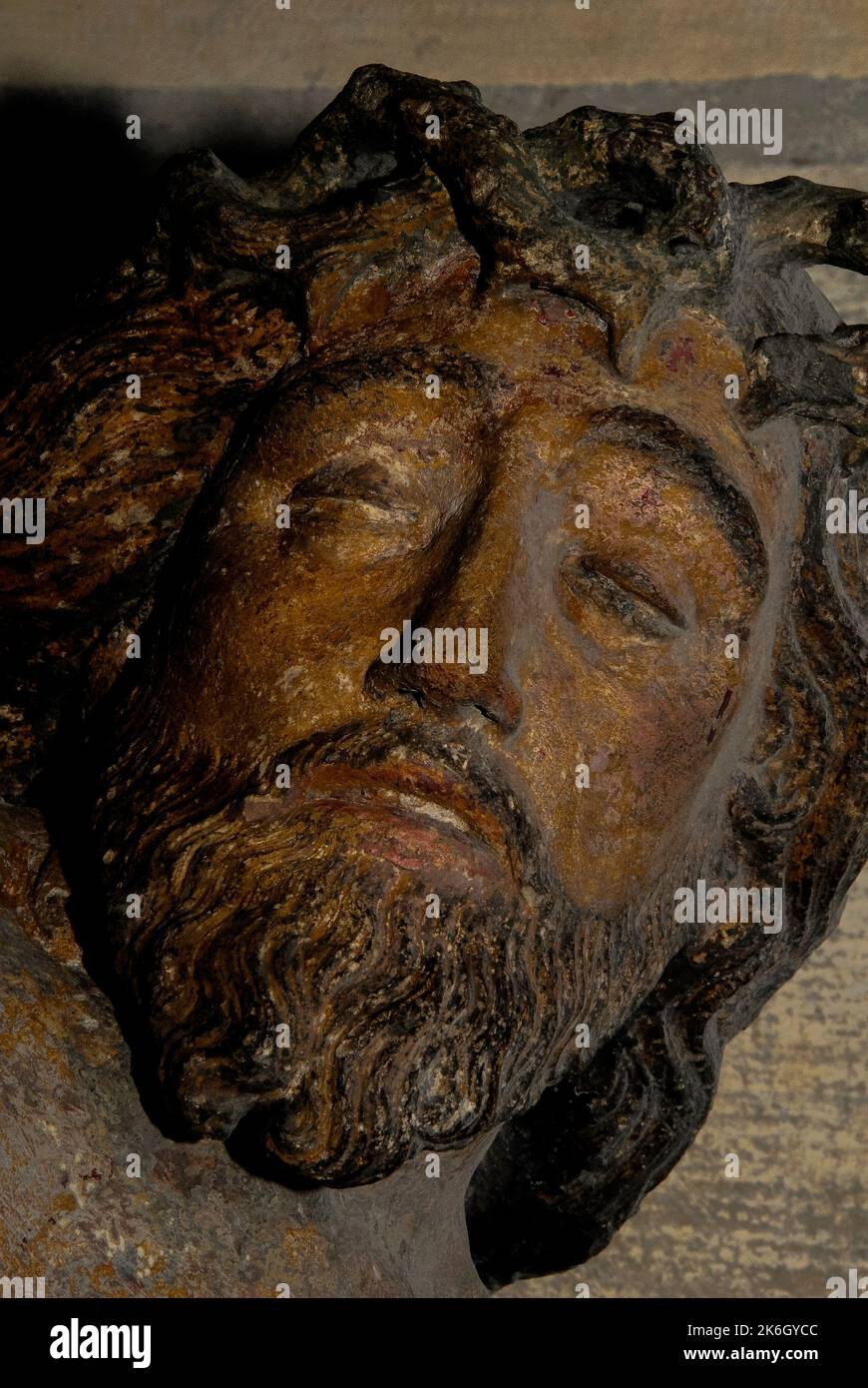 Post-mortem face of the Crucified Christ, pierced by the crown of ...
