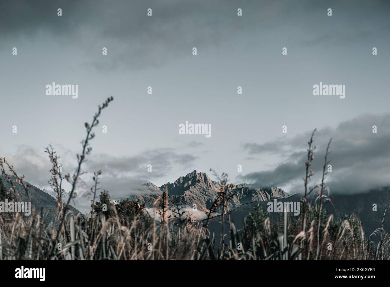 nice scenery of distant treeless mountain summit under cloudy sky among ...