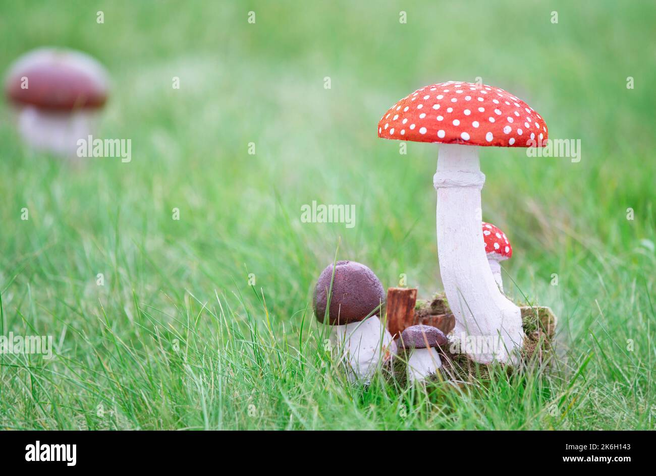 Decorative wooden fly agaric mushrooms on a background of grass Stock ...