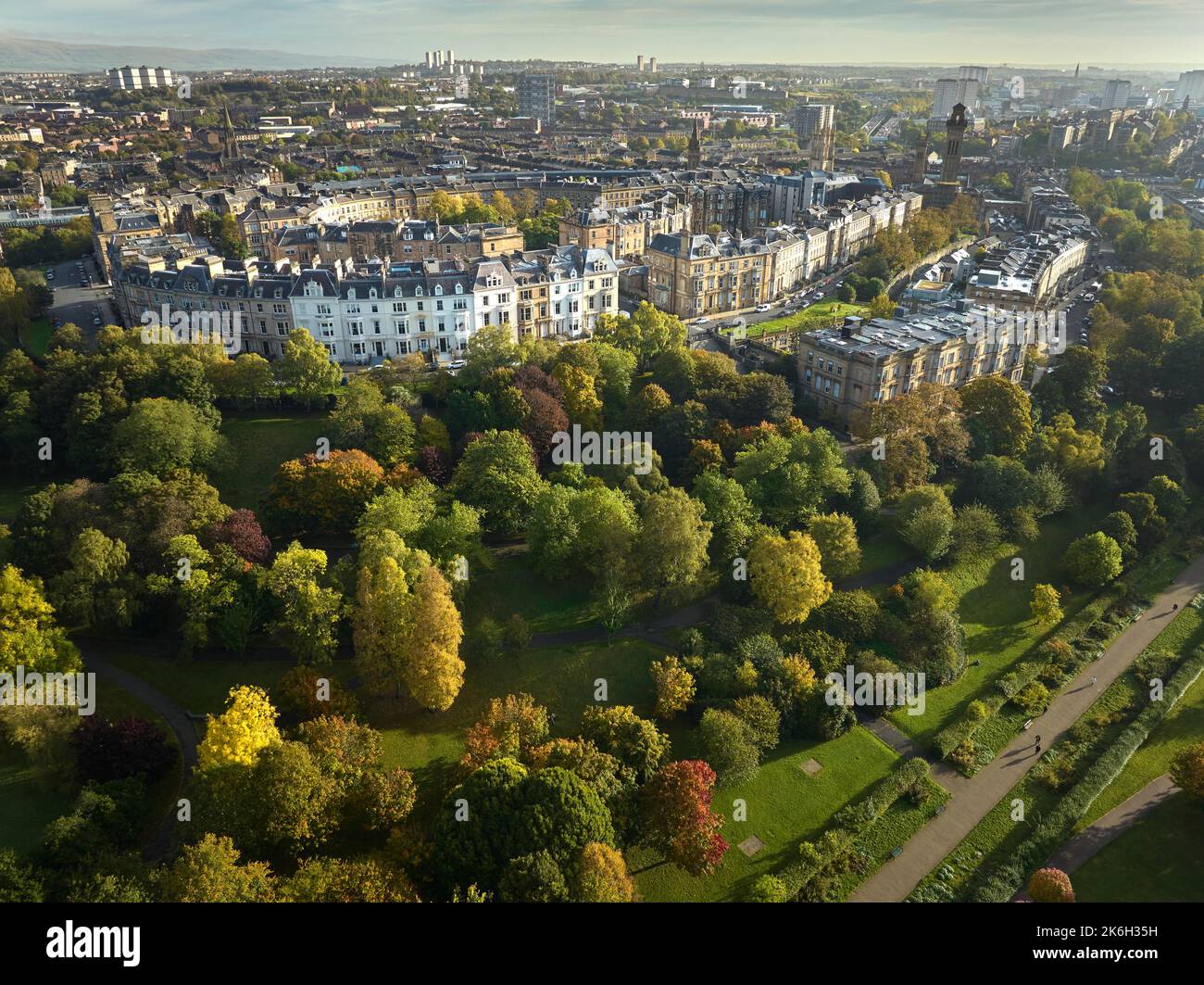 Aerial view of Park Circus and Kelvingrove Park, Glasgow Scotland in ...