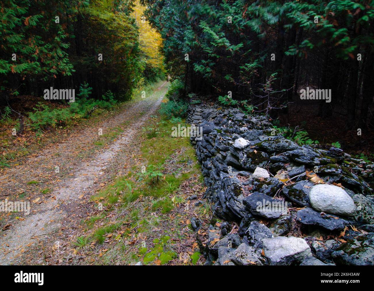 A fieldstone fence lines the road into Three Springs LandTrust Park in ...