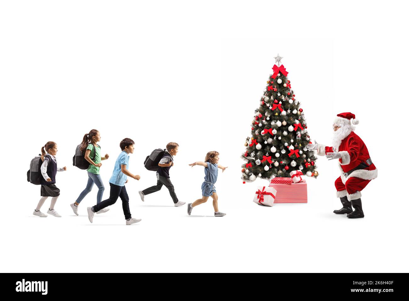 Christmas tree and a group of children running to hug santa claus ...