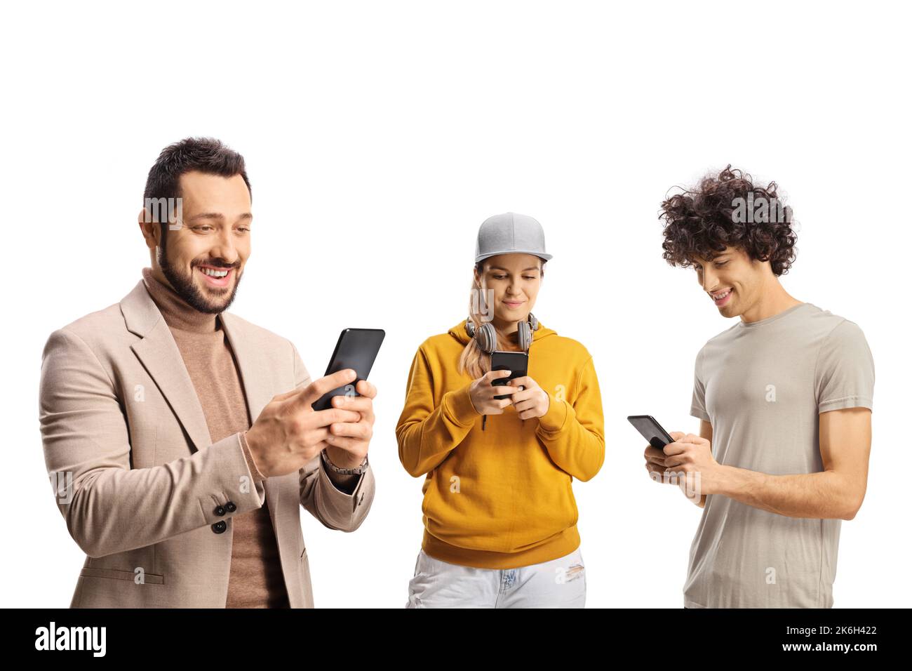 Group of young people using smartphones isolated on white background ...