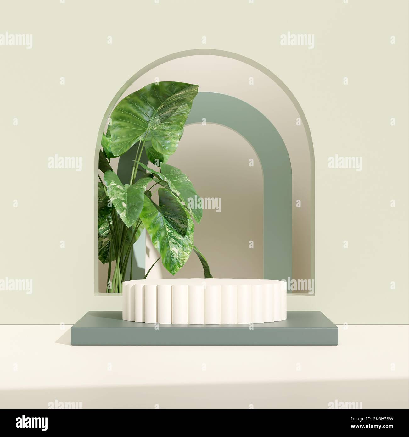 A 3D rendering product display podium decorated with arches and a green plant on a white ...