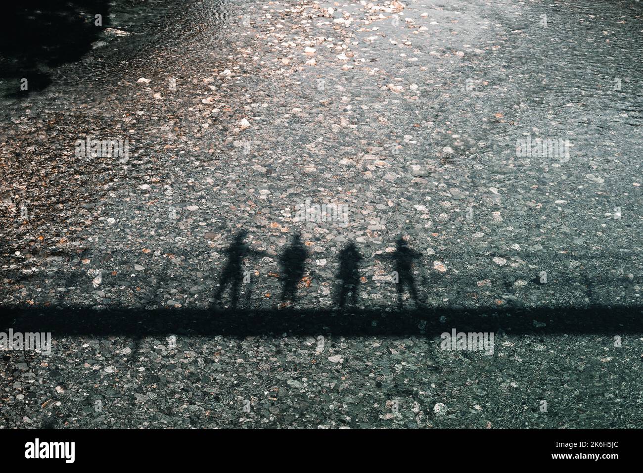 black shadows of four people standing side by side leaning over the ...