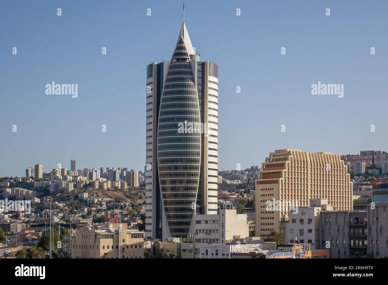 Israel, Haifa, Sail tower & city Stock Photo - Alamy