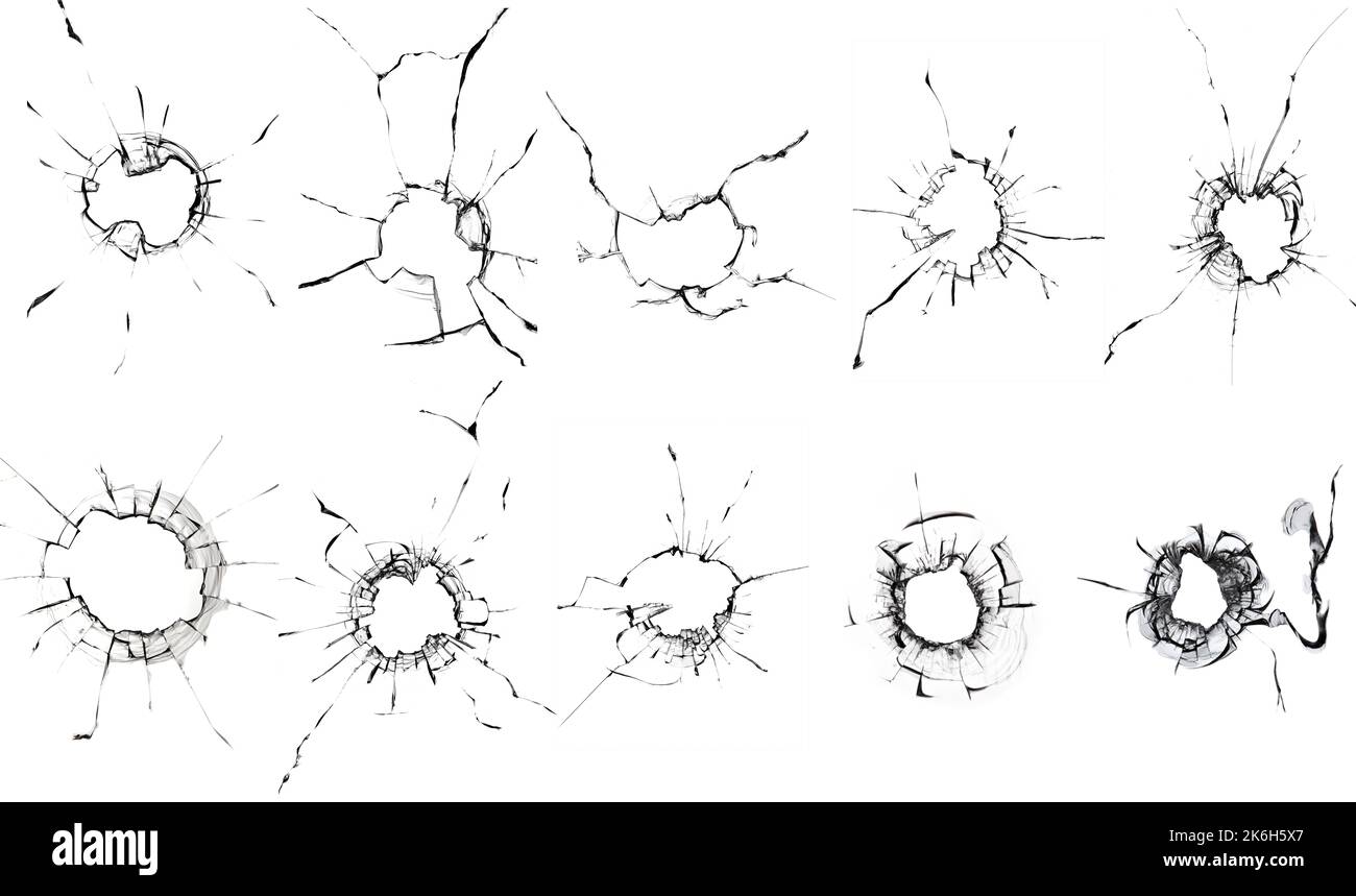 Set of cracked and chipped broken glass on white background. Abstract ...