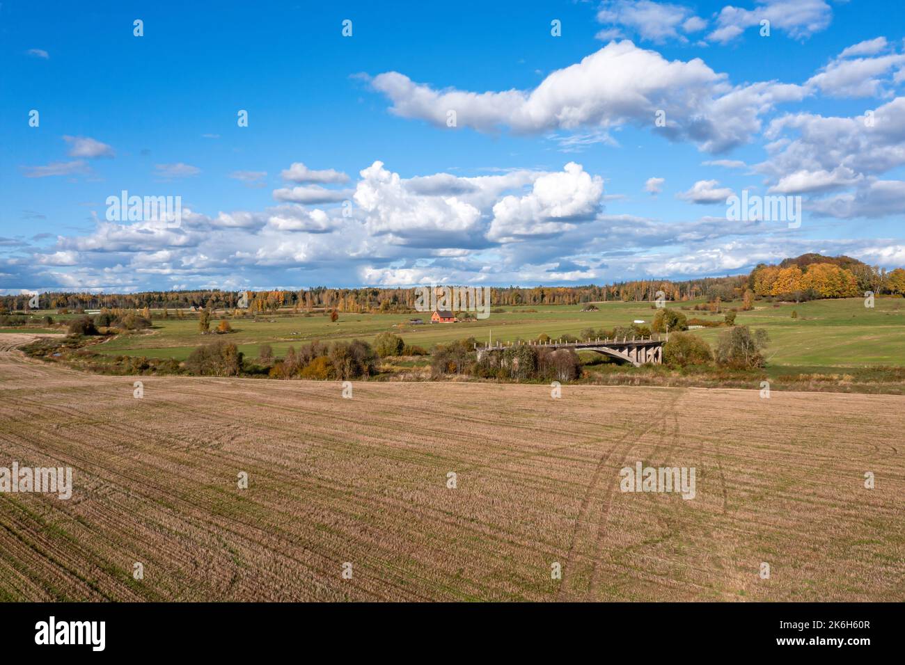 Aerial view of bridge to nowhere. Unfinished and abandoned railway ...